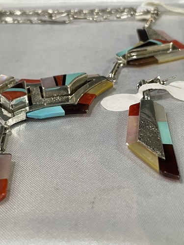 Zuni Sterling Silver Geometric Inlay Raised Design Necklace & Earrings ...