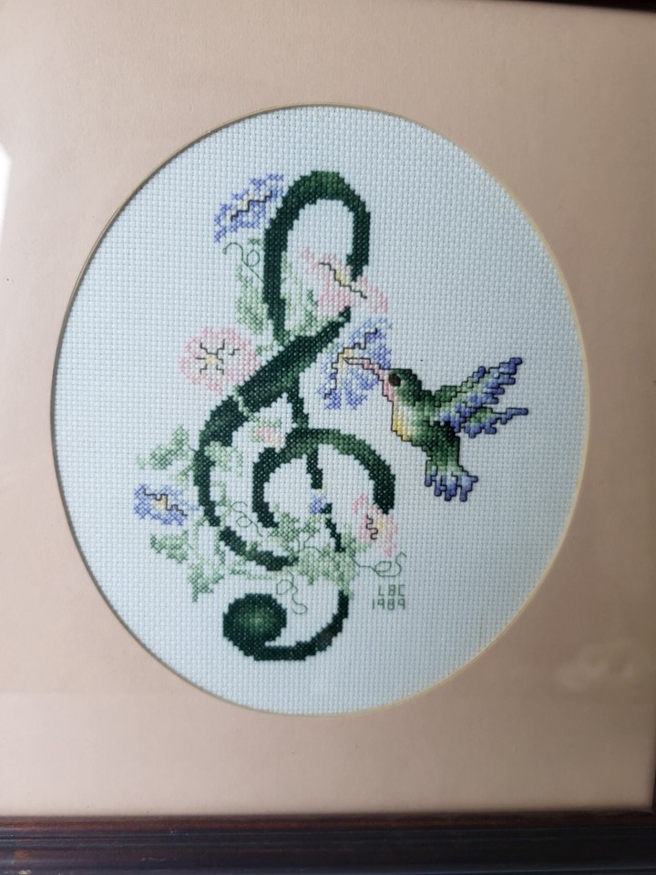 Vintage Cross Stitch Treble Clef Hummingbird / Needlepoint FRAMED ...