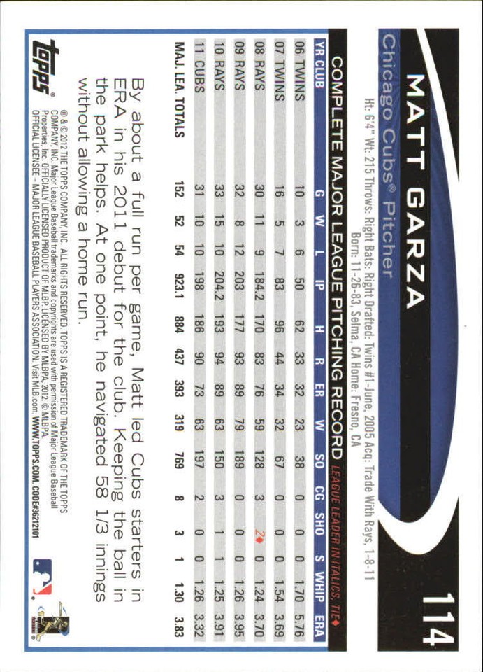 2012 Topps Wal Mart Blue Border Chicago Cubs Baseball Card #114 Matt ...