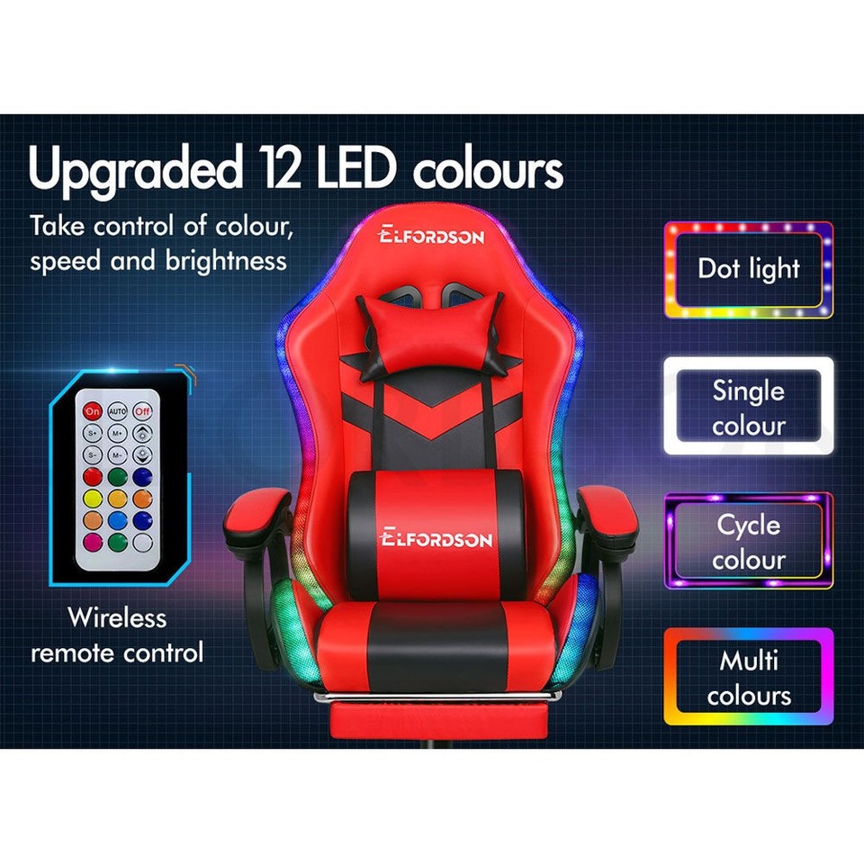 ELFORDSON Gaming Office Chair 8 Massage 12 RGB LED Footrest Padded Arms ...