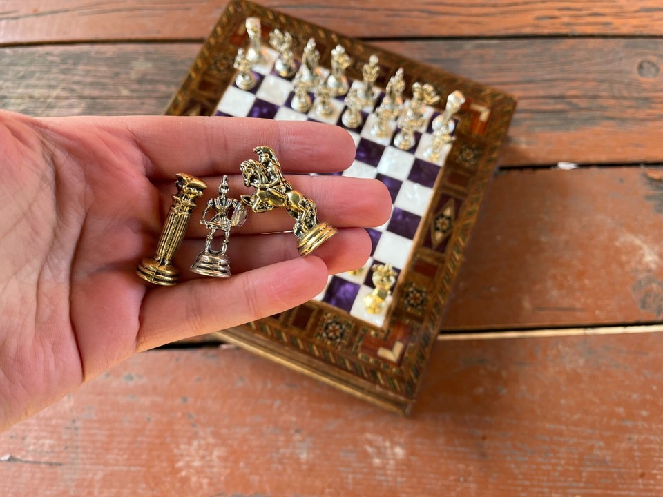 Pearl Chessbox w Handmade Chess Set - Metal Chess Pieces - Purple Chess ...