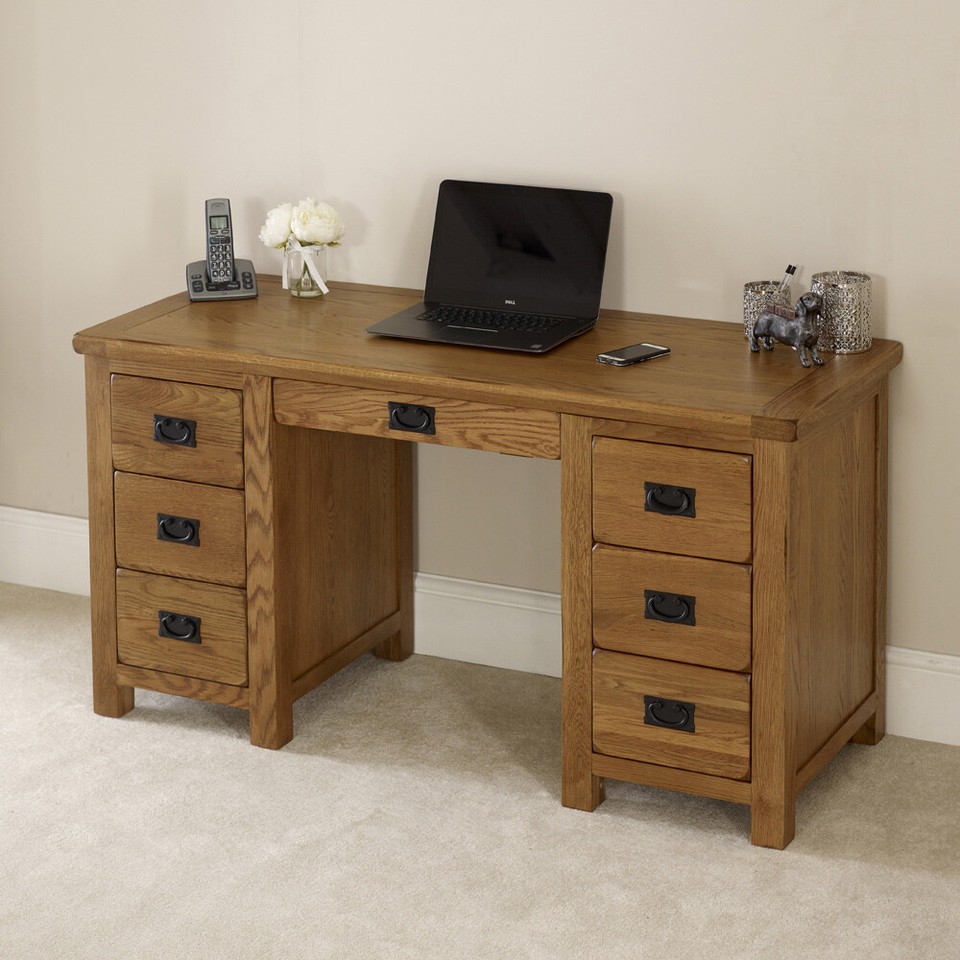 Rustic Oak Large Double Pedestal Computer Desk - Home Office Furniture ...