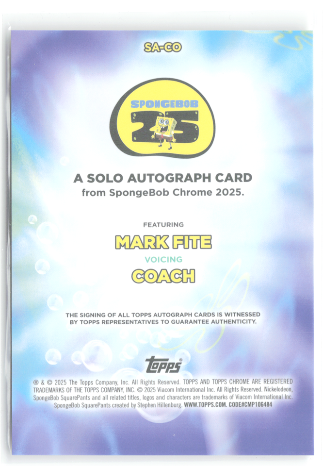 MARK FITE AS COACH 2025 TOPPS CHROME SPONGEBOB SQUAREPANTS #SA-CO ...