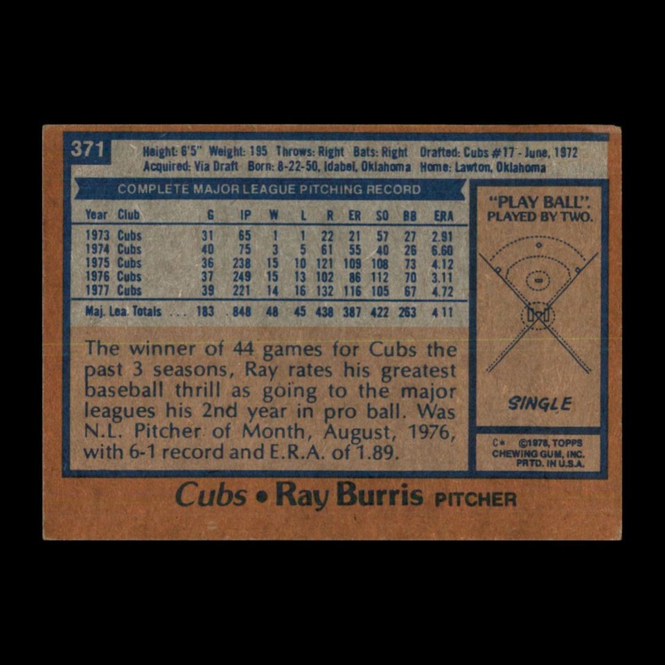 Ray Burris 1978 Topps Chicago Cubs #371 Set Break NICE! | eBay