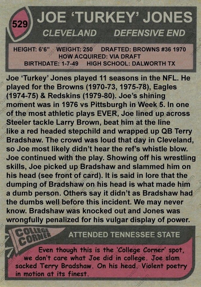 Joe Turkey Jones 1977 Custom Card Cleveland Browns | eBay