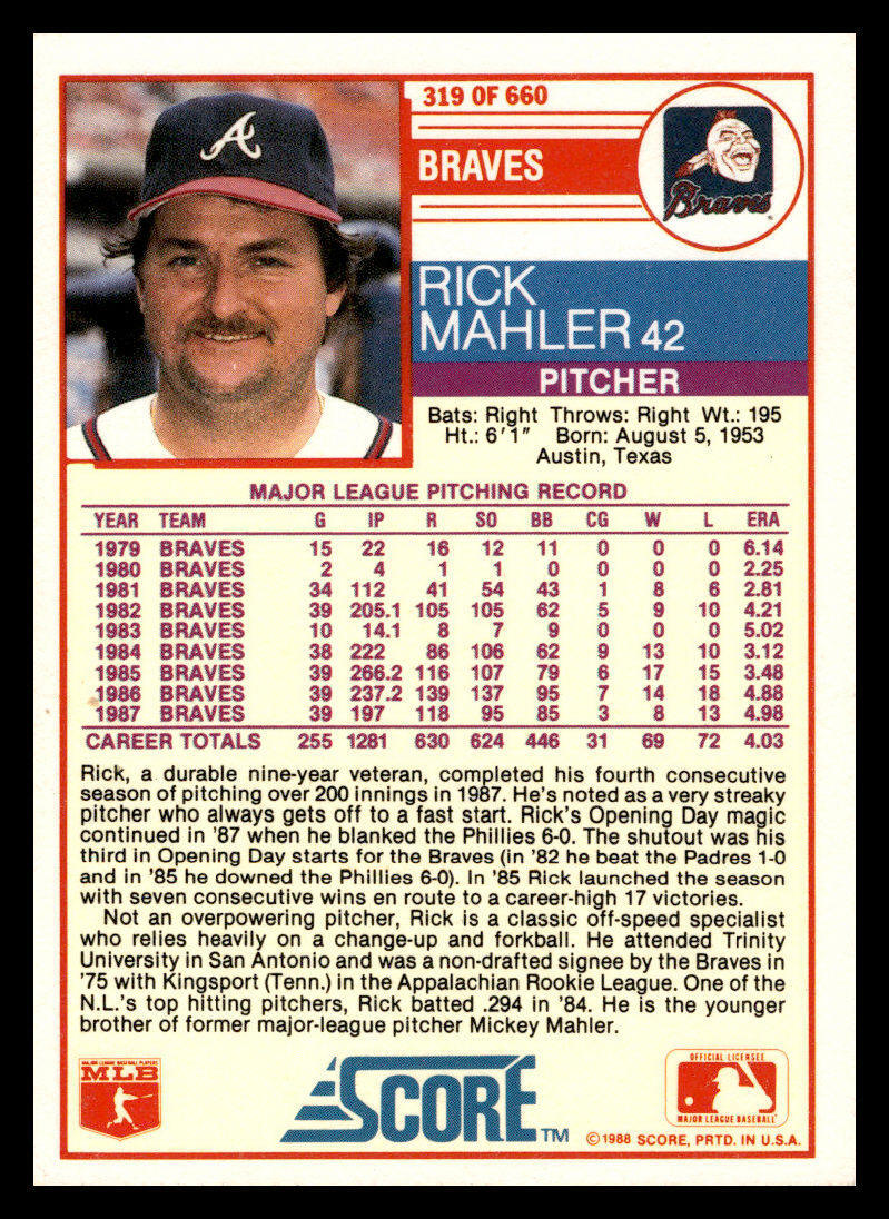 1988 Score Rick Mahler #319 Atlanta Braves | eBay
