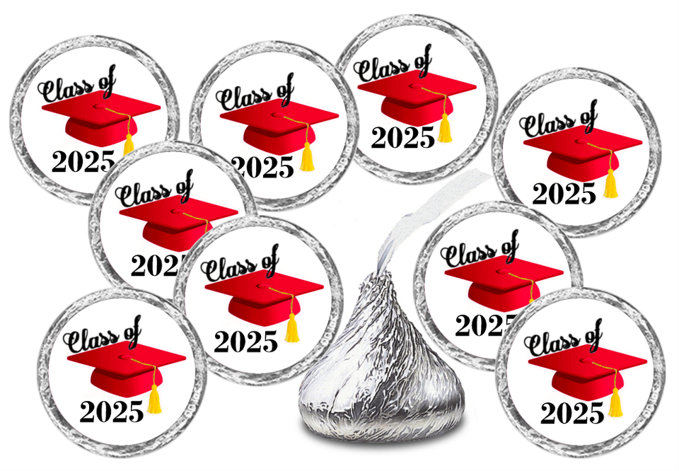 Class of 2025 Red Graduation Party Favor Kisses Stickers Labels SET of ...