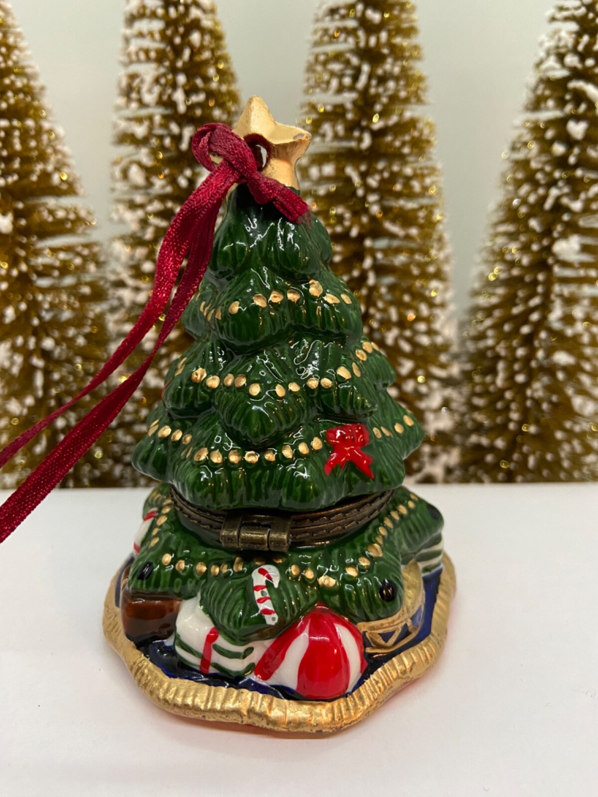 Trinket Box Christmas Tree Porcelain Hinged 3” Base With Presents, Gold ...