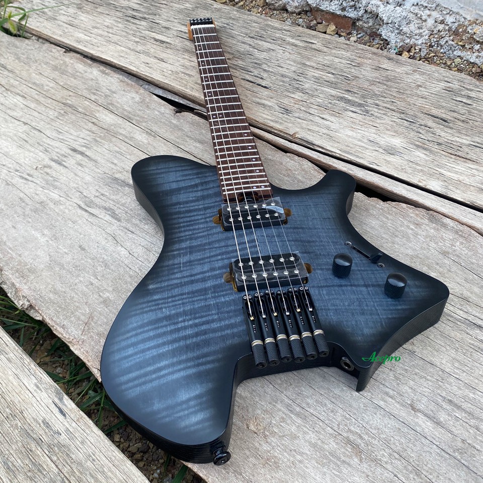 Acepro Upgraded Pro Headless Electric Guitar Black Burst Flame Maple ...