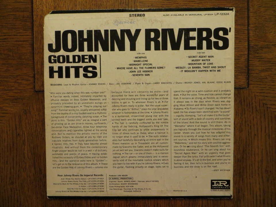 Johnny Rivers – Johnny Rivers' Golden Hits - 1966 - Imperial LP-12324 ...