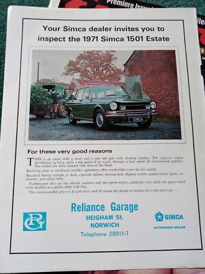 G1u Ephemera 1970s advert simca 1501 estate reliance garage Norwich | eBay