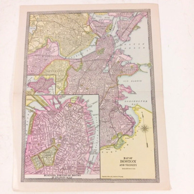Antique Boston MA Color Street Map Book illustration plate 1905 Vintage ...