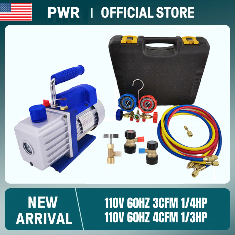 PWR Vacuum Pump 3CFM 1/4HP Air Vacuum Pump HVAC AC Air R134A Manifold ...