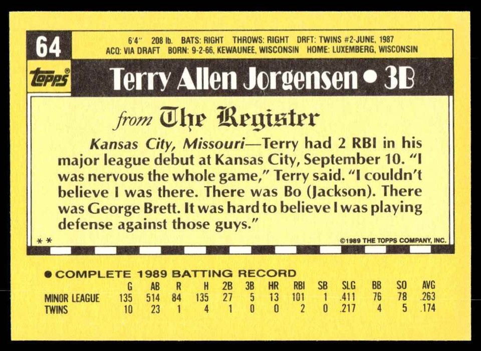 1990 Topps Major League Debut 1989 Terry Jorgensen Minnesota Twins #64 ...