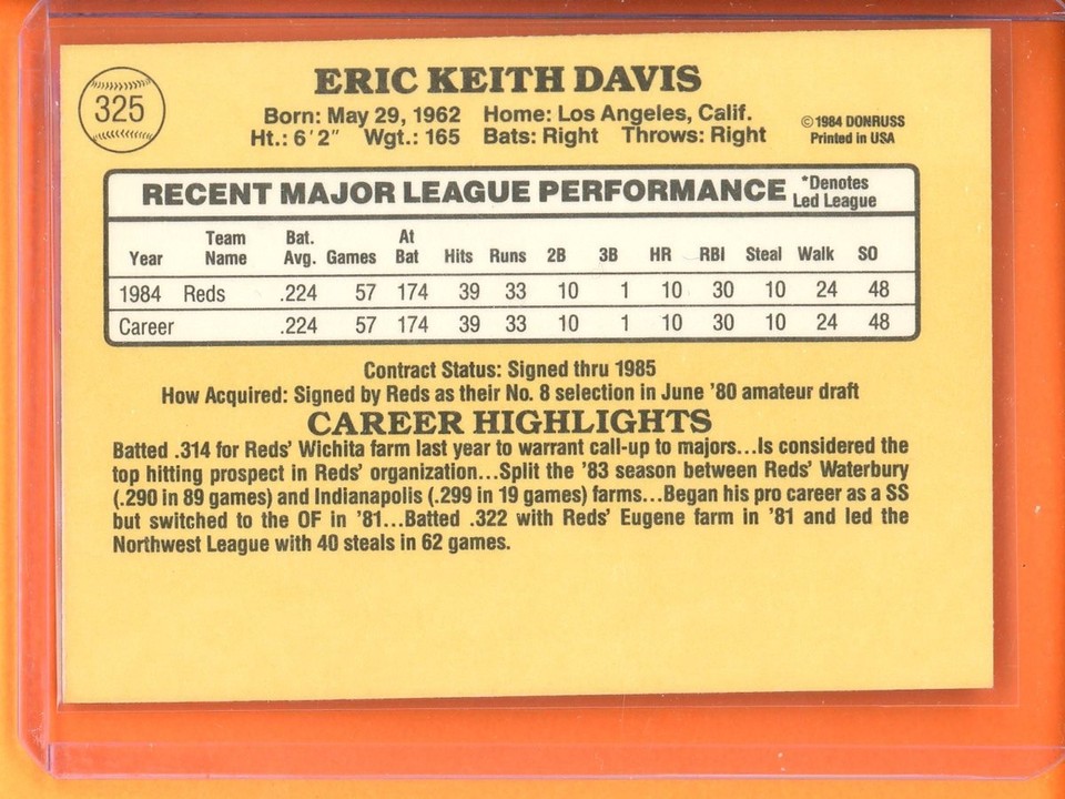 Eric Davis Rookie 1985 Donruss #325 | eBay