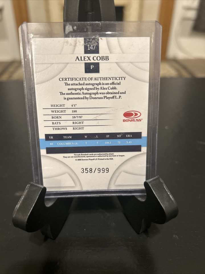 Alex Cobb 2008 Donruss Threads Rookie Auto Autograph 358/999 | eBay