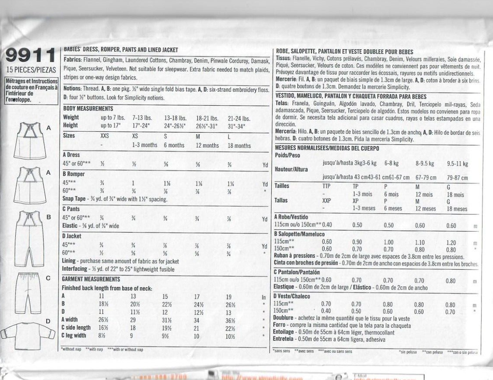 Simplicity Pattern 9911 Babies Dress Romper Pants Lined Jacket Size XXS ...