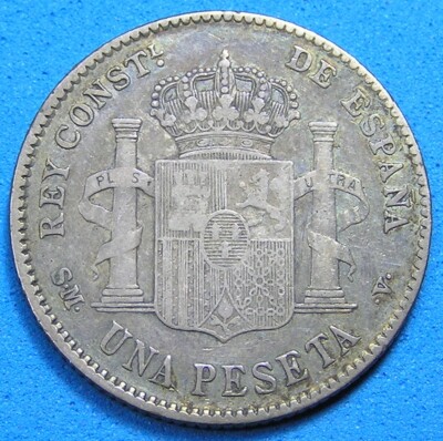 Spain 1 Peseta .835 Silver Coin 1903 SMV (03 in star), Free S/H after ...