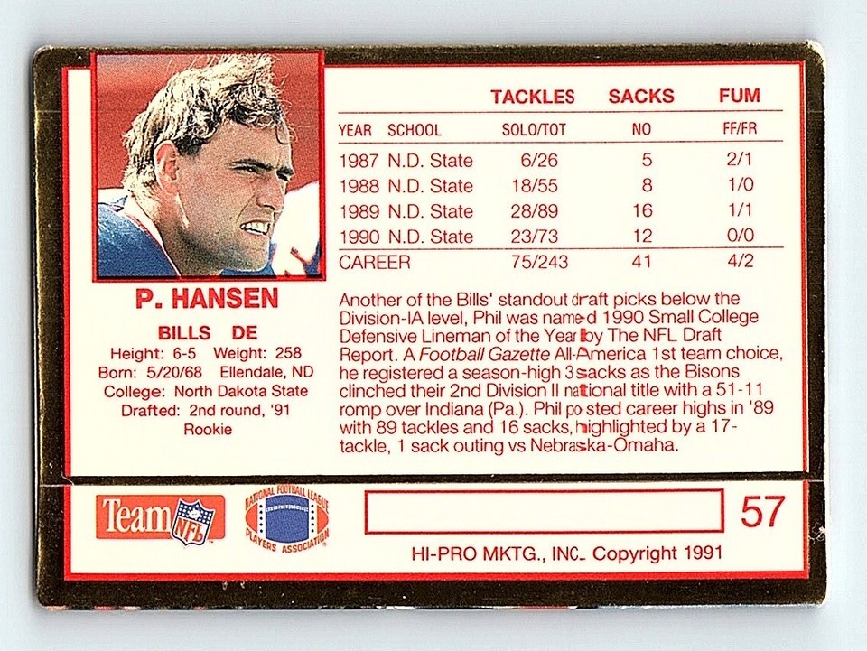 1991 Action Packed Phil Hansen Buffalo Bills #57 | eBay