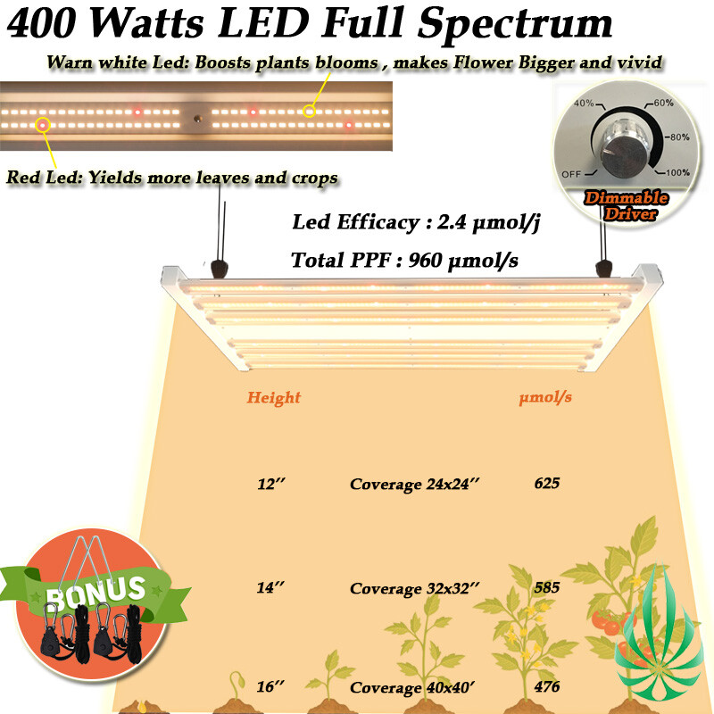Hydroponic LED Grow Light 4 Bars 400W Full Spectrum Indoor Plant ...