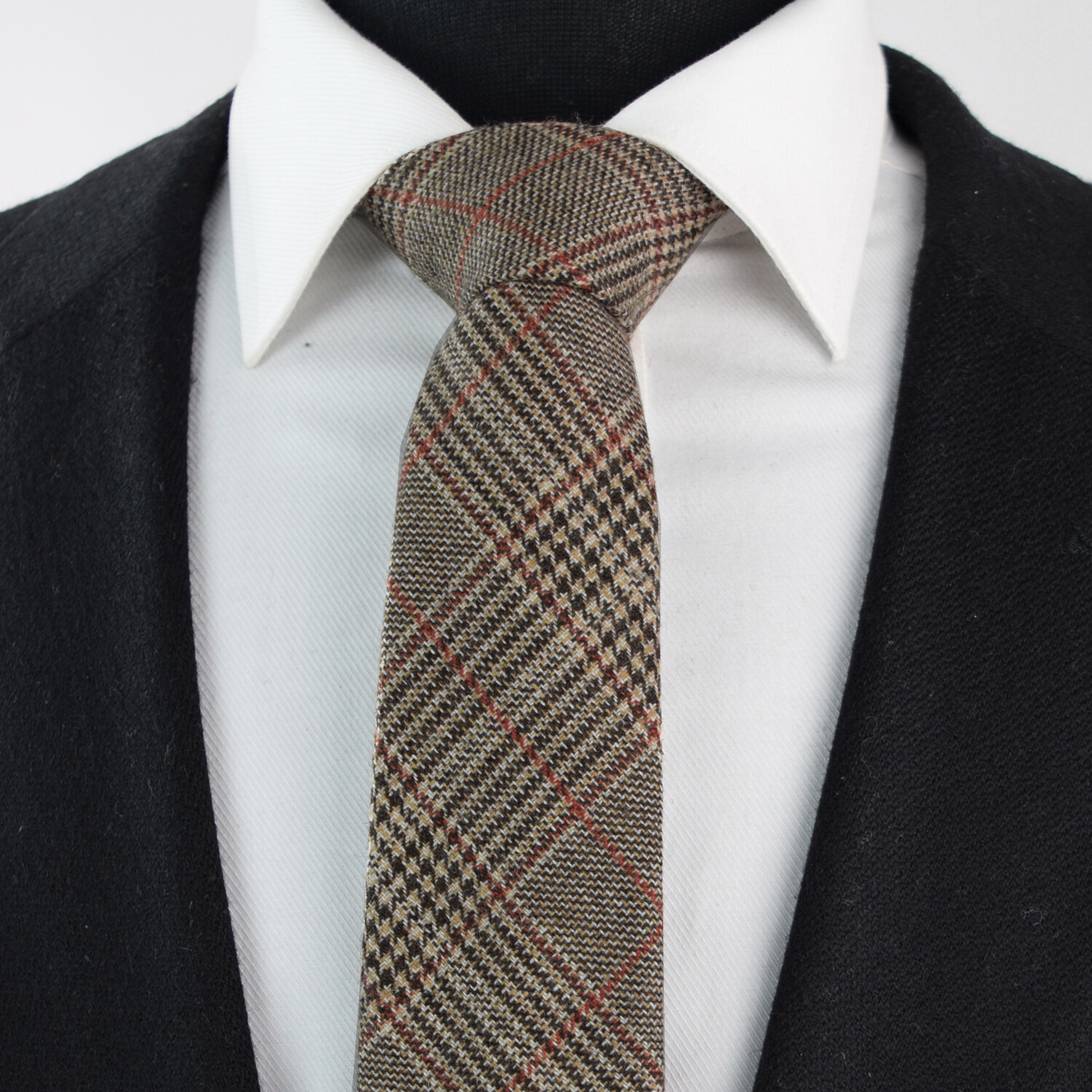 Men's Wool Tie Houndstooth Tweed Necktie Brown Black Grey Silver Plaid ...