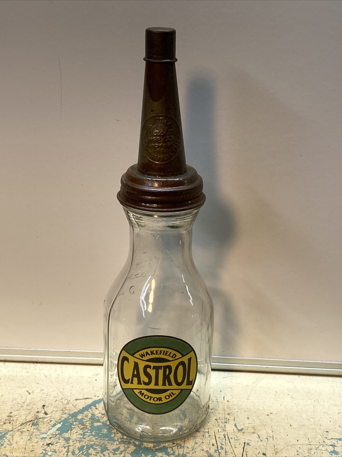 Castrol Wakefield Motor Oil Bottle Spout Cap Glass Vintage Style Gas ...