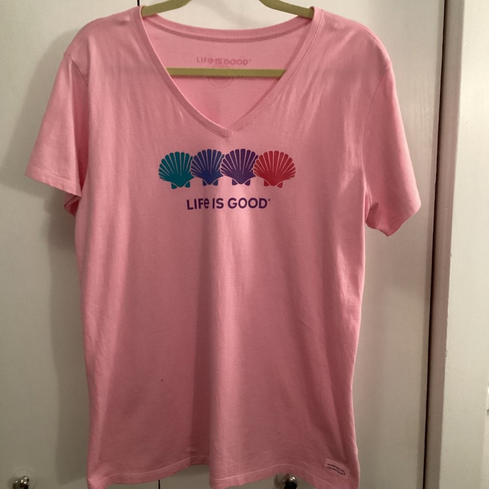 Life Is Good Women's L Pink Cotton T-Shirt Short Sleeve v-neck retired ...