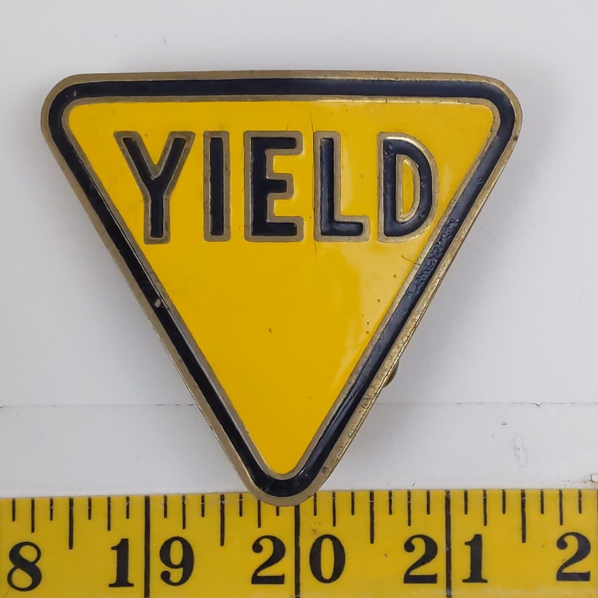 Vintage Belt Buckle Yield Traffic Sign Brass Yellow G… - Gem