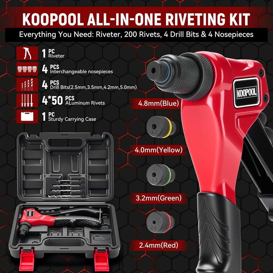 Rivet Gun Kit, Manual Pop Rivet Tool with 200 Rivets and 4 Drill Bits ...