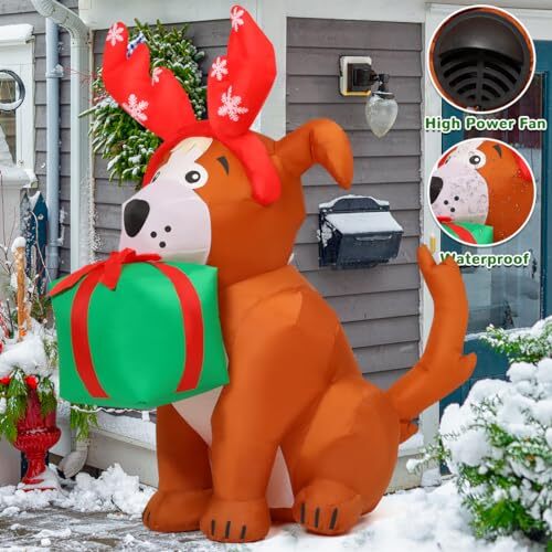 5 FT Christmas Inflatables Dog Puppy with Gift Box Outdoor Decorations ...