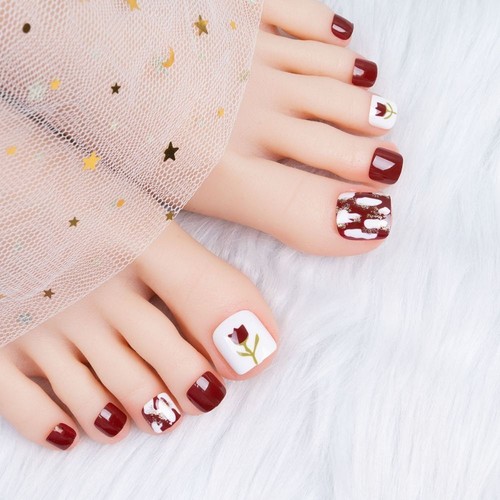 French Toe Nails Red Rose Foot Nails Fashion Fake Toenails for Women ...