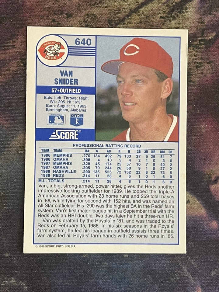 SCORE 1989 MLB VAN SNIDER #640 OUTFIELD CINCINNATI REDS ROOKIE BASEBALL ...