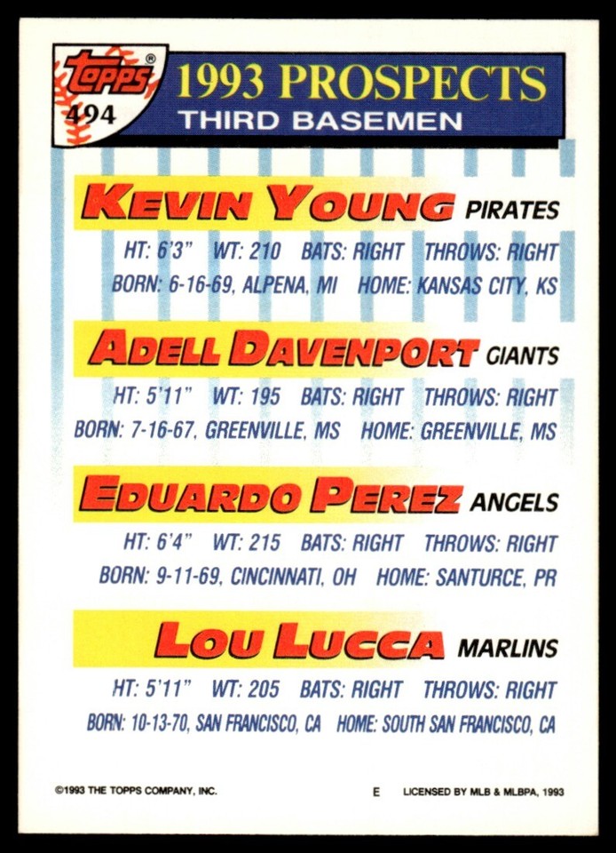 1993 Topps Top Prospects #494 Kevin Young/Adell Davenport/Eduardo Perez ...