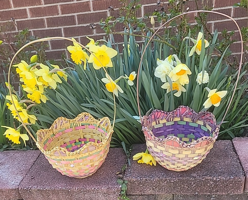 VTG LOT 2 EASTER BASKETS HANDLED WOVEN DYED SPLINT ROUND W/ SALLOP EDGE ...