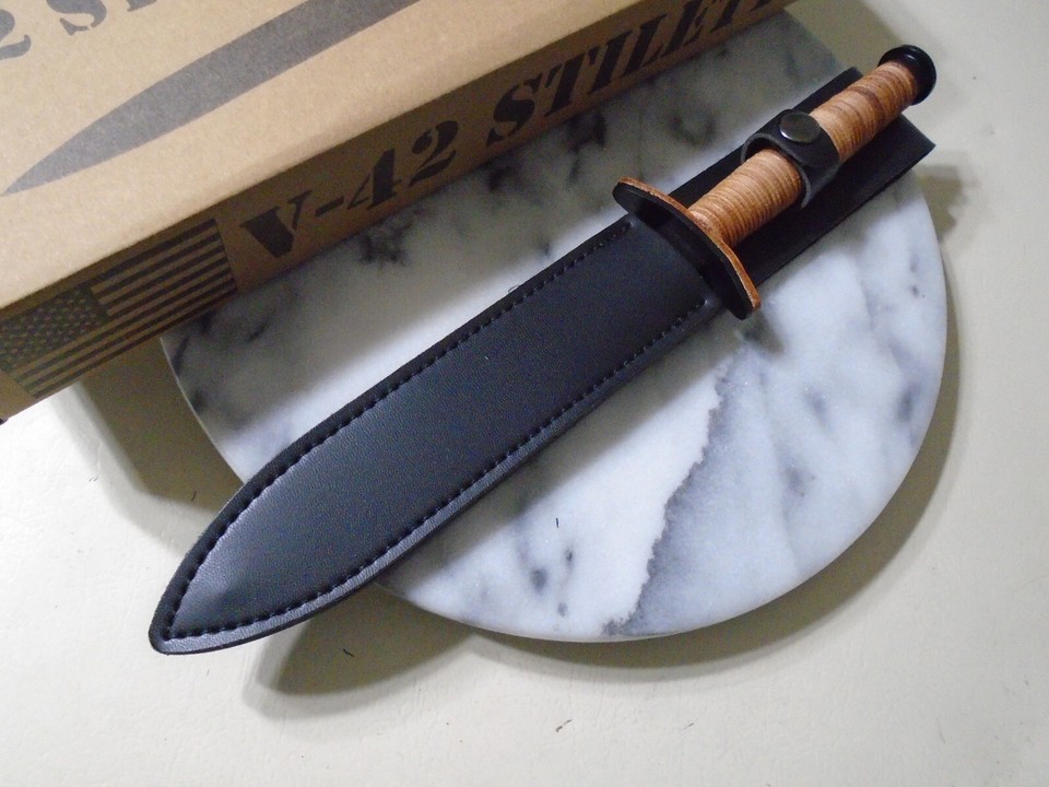 V-42 FSSF Stiletto Dagger Knife Spike Fixed Blade Dual Edge Leather ...