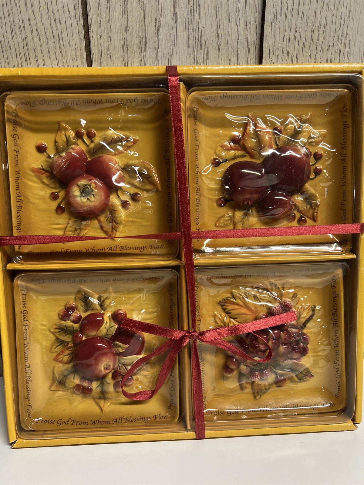 MWW Market ALL BLESSINGS 4.5" Mini Plate Set 4Pc Square 3D Fruit Praise ...