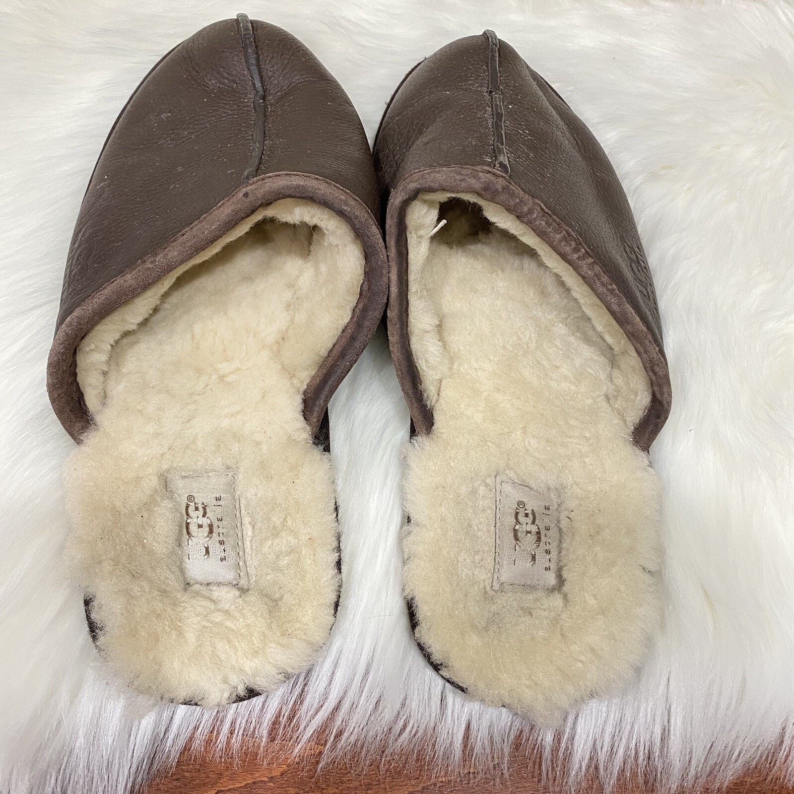 UGG men's size 12 Slide Flat Slipper Brown Leather Upper Size tag cut ...