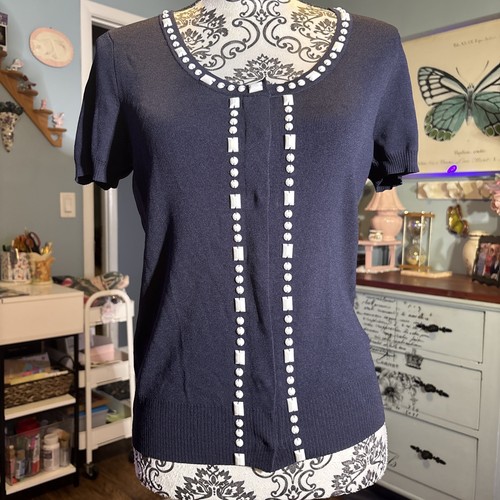 Loft NWT Navy Blue Hidden Snap Cardi With Jewel Embellish. Small. | eBay