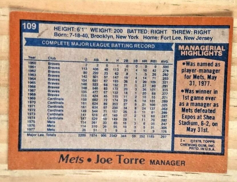 1978 TOPPS JOE TORRE CARD#109 NEW YORK YANKEES METS ST. LOUIS CARDINALS ...