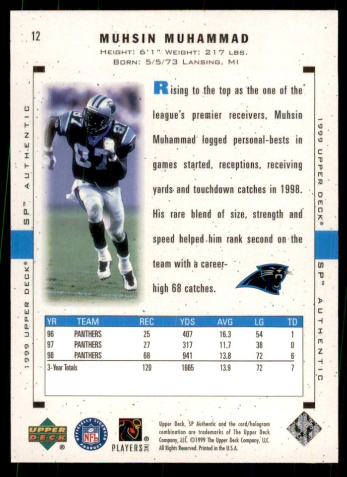 1999 SP AUTHENTIC MUHSIN MUHAMMAD CAROLINA PANTHERS #12 | eBay