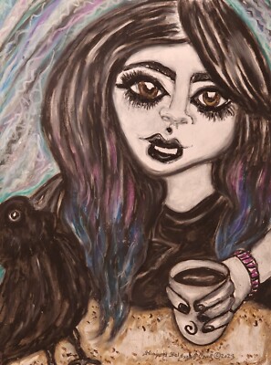 Goth Girl with Coffee and Crow Art Print 4x6 Signed by Artist KSams ...