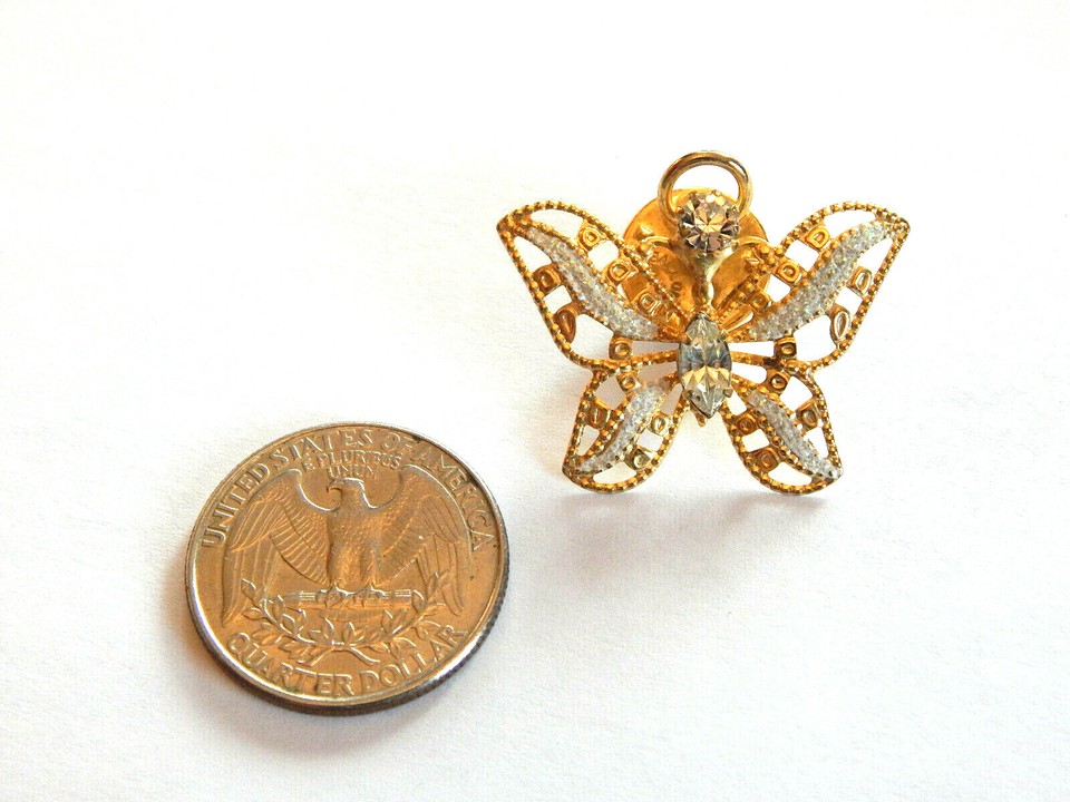 Vintage Gold Tone Signed Ballou Reg'd Angel Butterfly Rhinestone Pin ...
