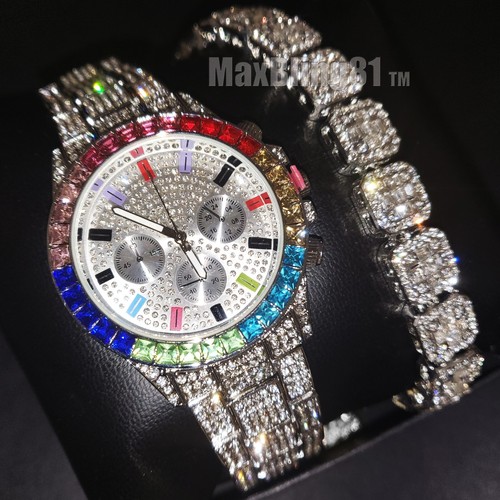 HIP HOP SILVER PLATED RAINBOW STONE ICED WATCH & SIMULATED DIAMOND ...