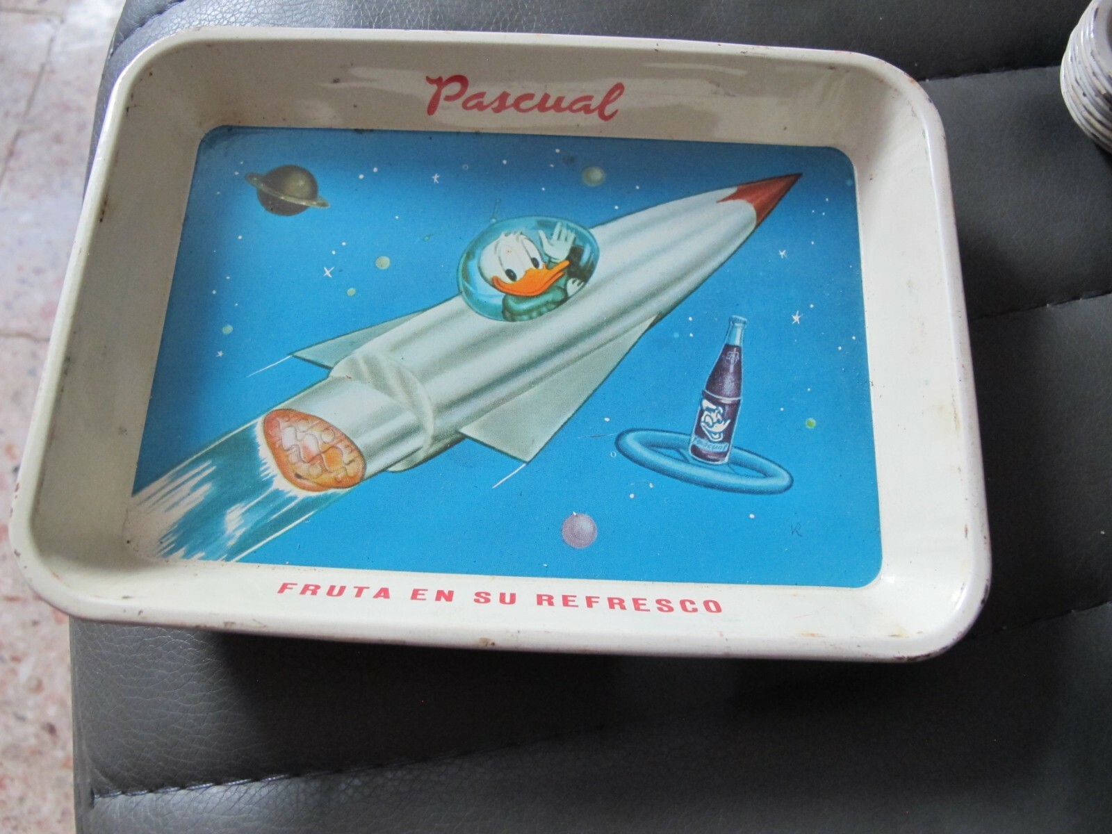 Vintage Mexican PASCUAL SODA DONALD DUCK small tin tray DUCK ROCKET IN ...