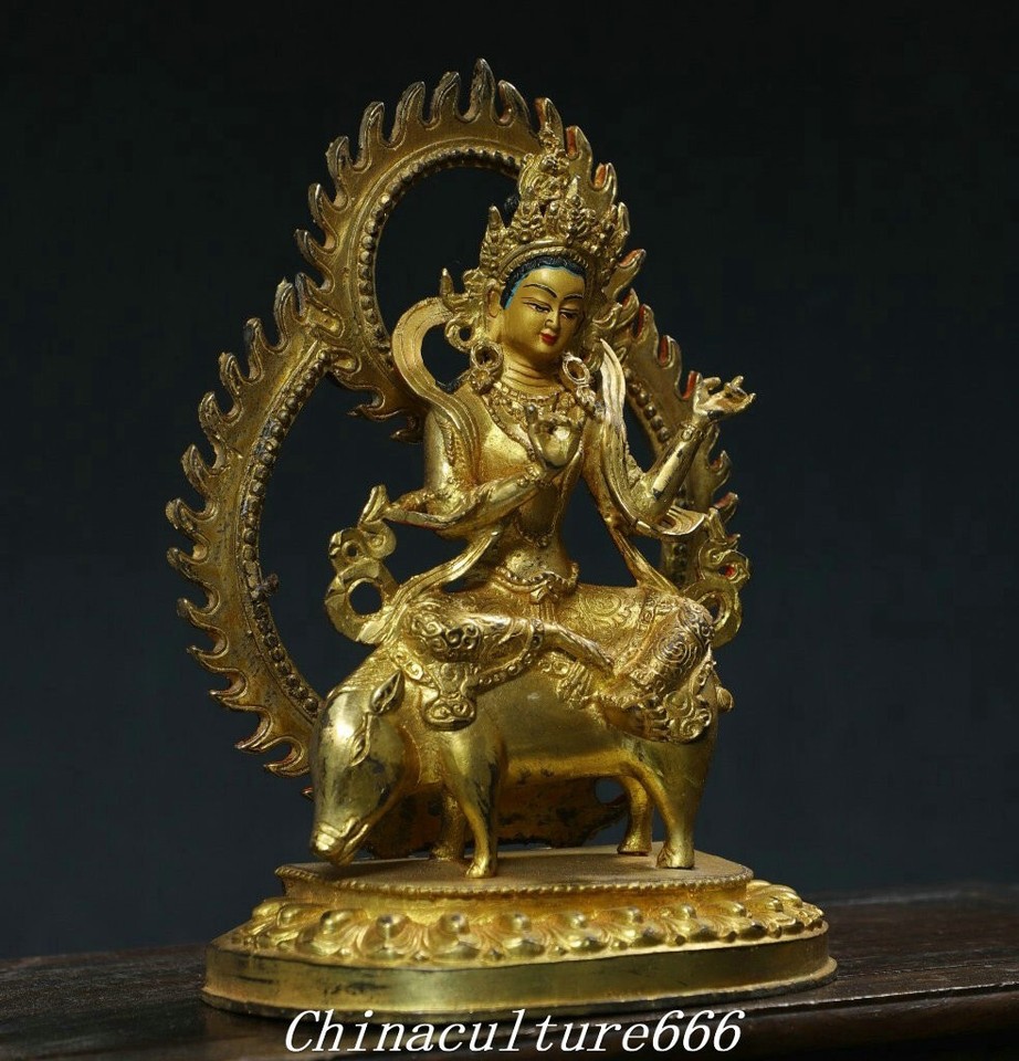 8.6'' Tibet Bronze Gilt Painting Ride Pig Beast Kwan-Yin GuanYin ...