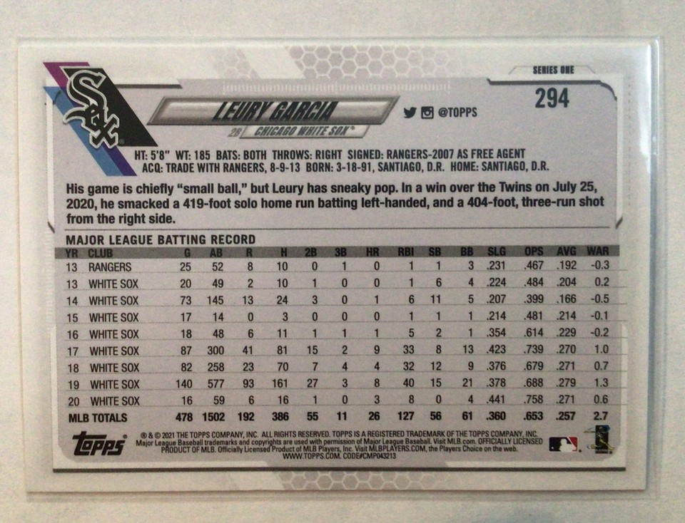 2021 Topps series 1 leury garcia #294 baseball card chicago + #318 ...