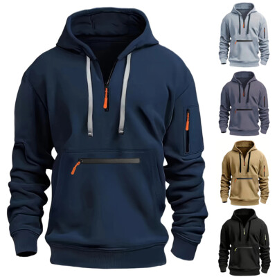 Retro Men Sweatshirt Work Half Zip Up Jumper Hoodie Hooded Jacket Coat ...