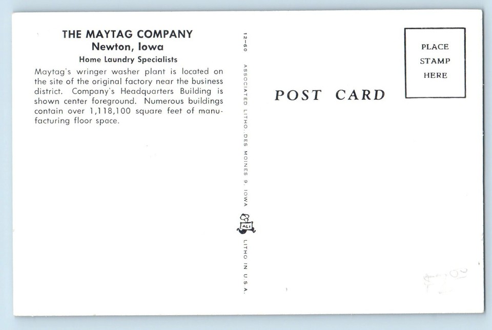 Newton Iowa Postcard Maytag Company Home Laundry Specialist Birds Eye ...