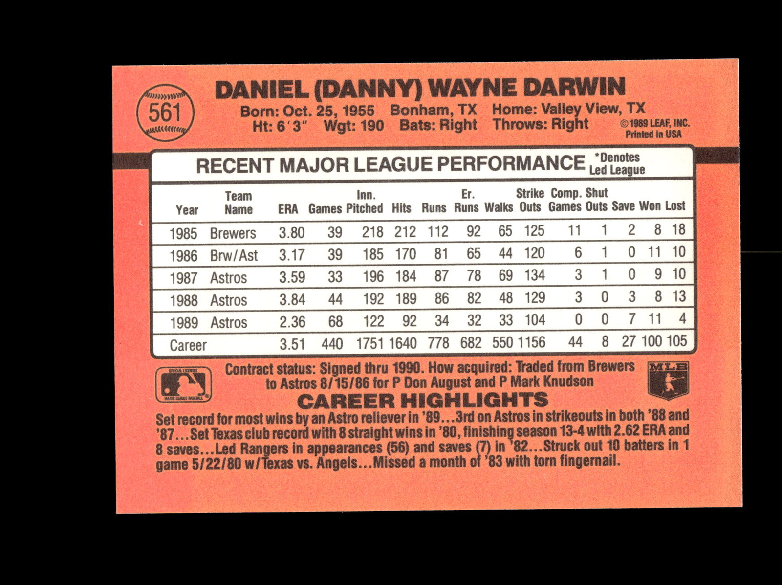 Houston Astros Danny Darwin #561 Donruss Baseball Near Mint or Better ...