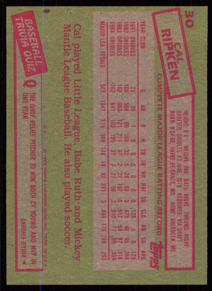1985 Topps Cal Ripken Baltimore Orioles #30 | eBay